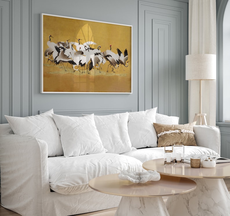 PRINTABLE Flock of Cranes Gold Japanese Bird Painting - Etsy
