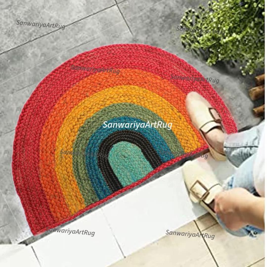 Rainbow Jute Braided Half Doormat: Colorful Boho Rug - Etsy