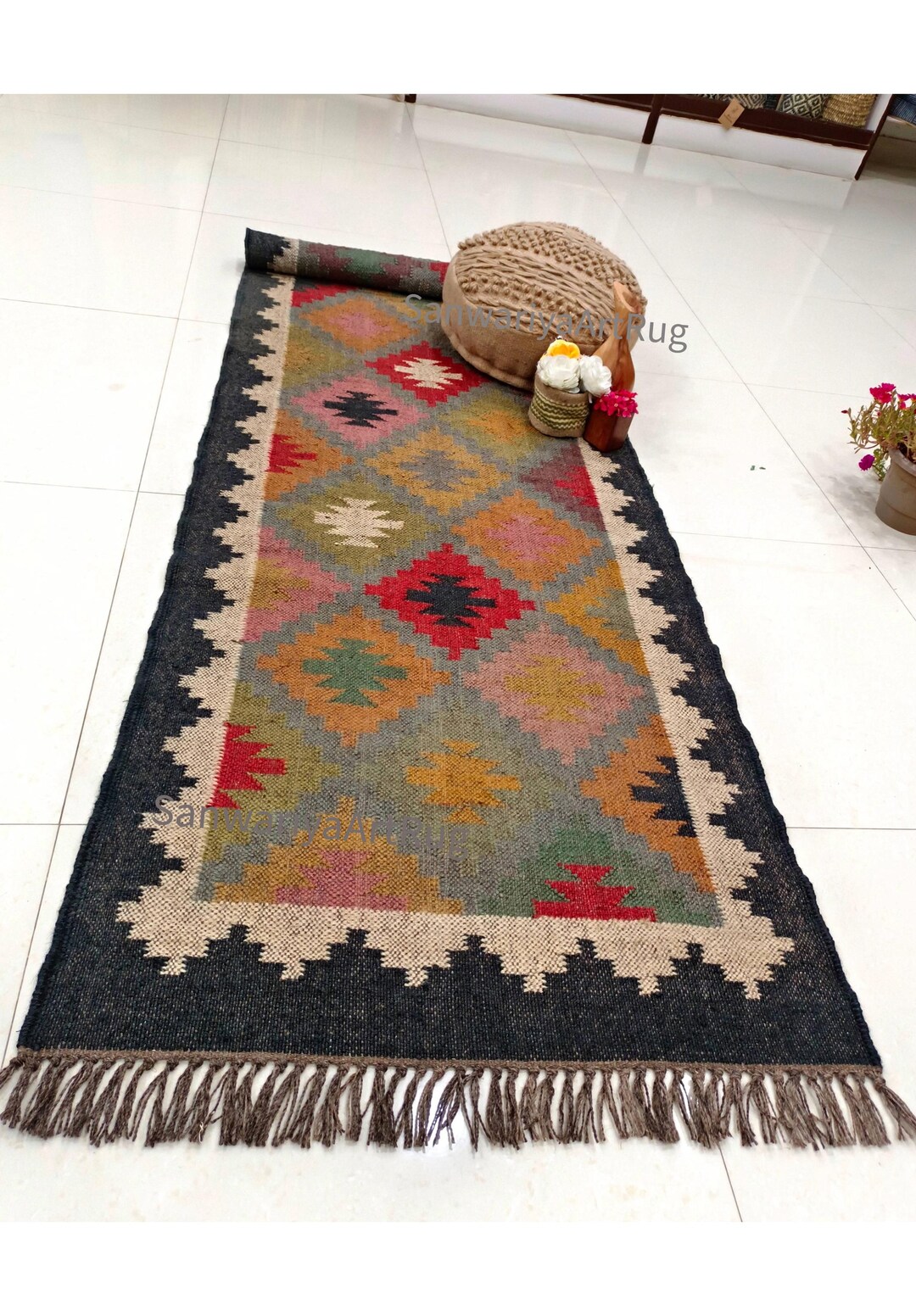 Indian Multi Kilim Rug Runner | Motifs Oriental Traditional Geometric ...