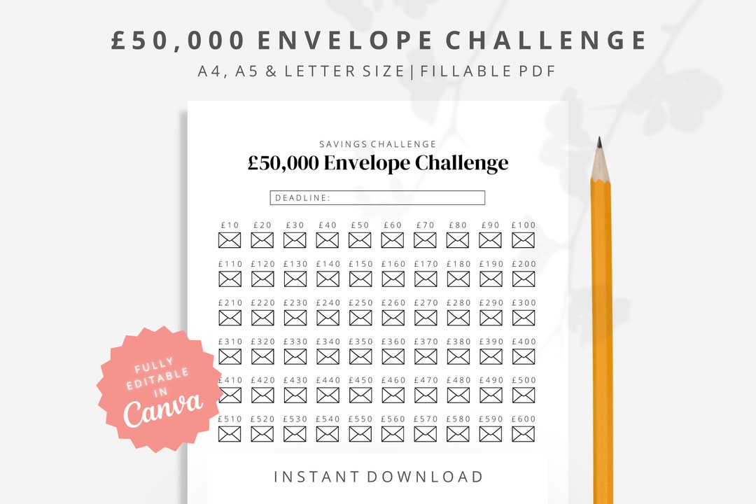 50K Envelope Challenge Printable Template, 100 Envelopes Challenge, Savings Challenge, Money ...