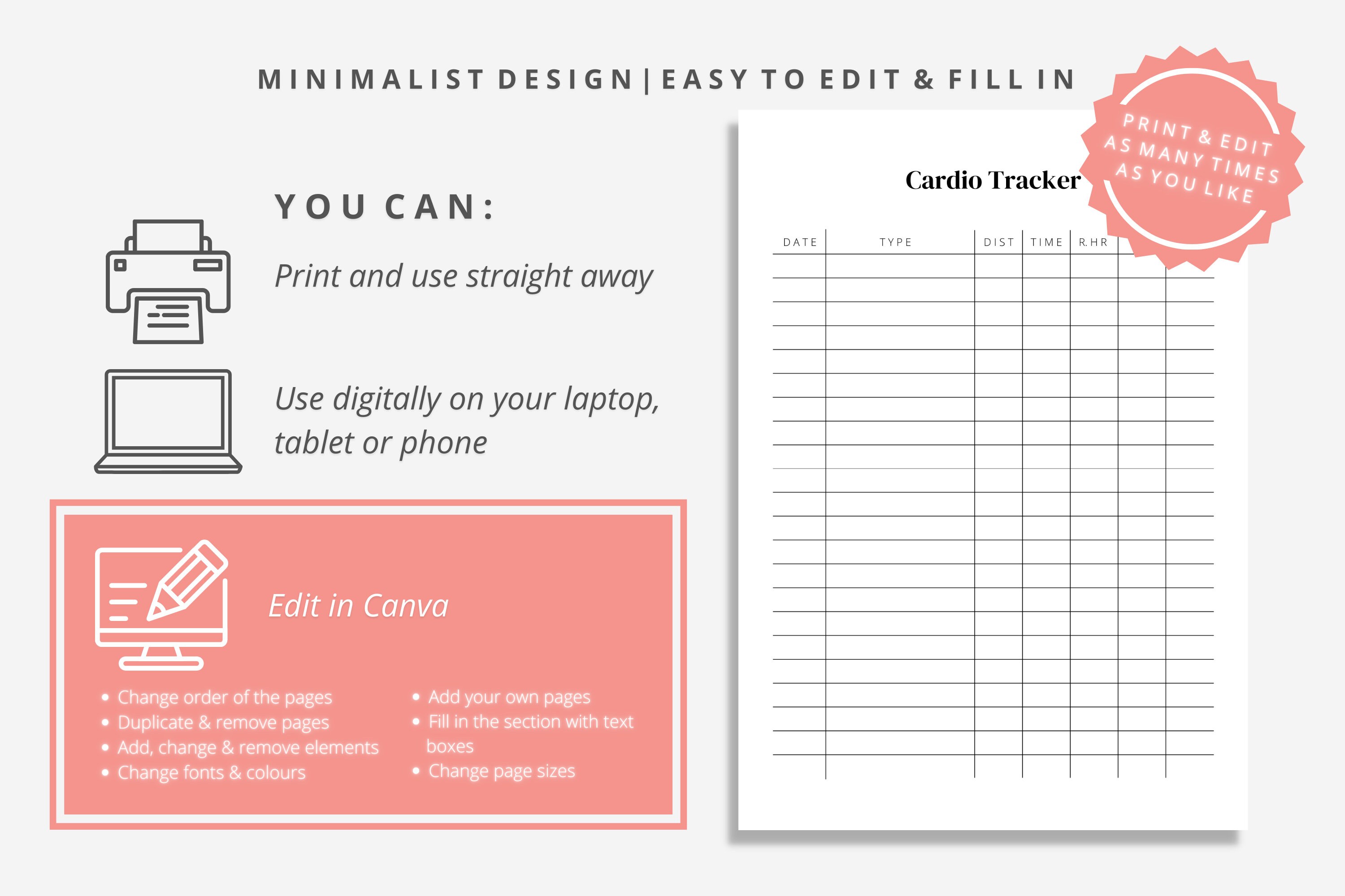 Cardio Tracker Printable Planner Sheet, Exercise Tracker, Workout ...
