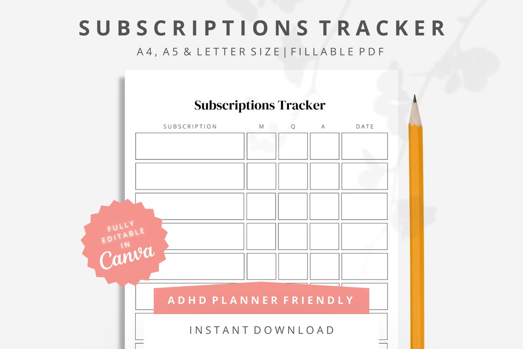 Subscriptions Tracker Printable Sheet, ADHD Planner Friendly, ADHD ...