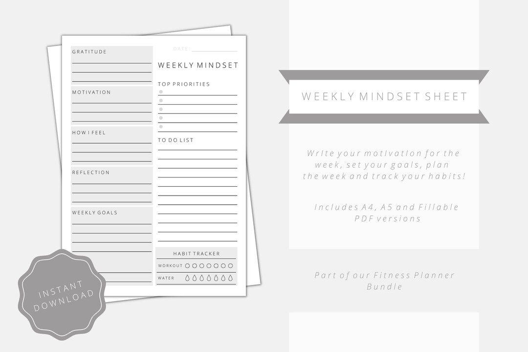 Weekly Mindset Printable Planner Sheet Fillable PDF A4 A5 Fitness ...