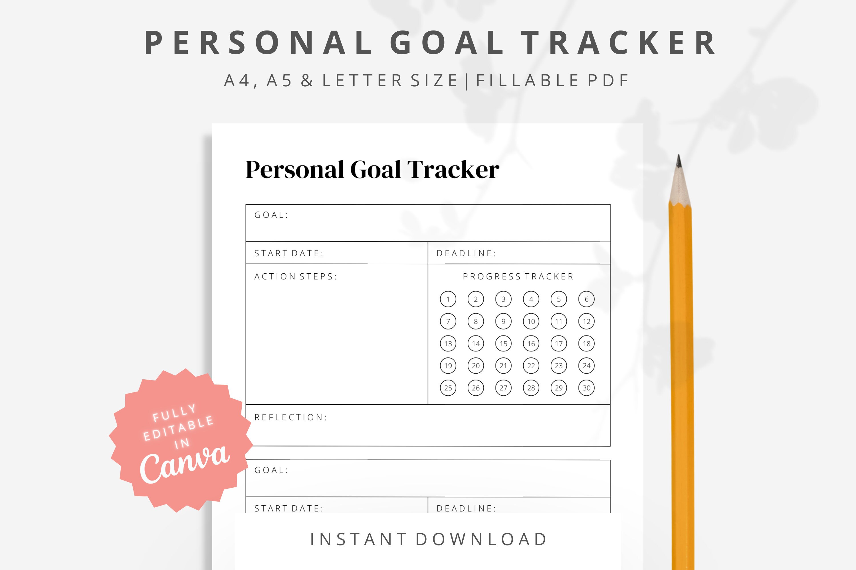 Printable Personal Goal Tracker Template, Goal Planner Insert, Goal ...