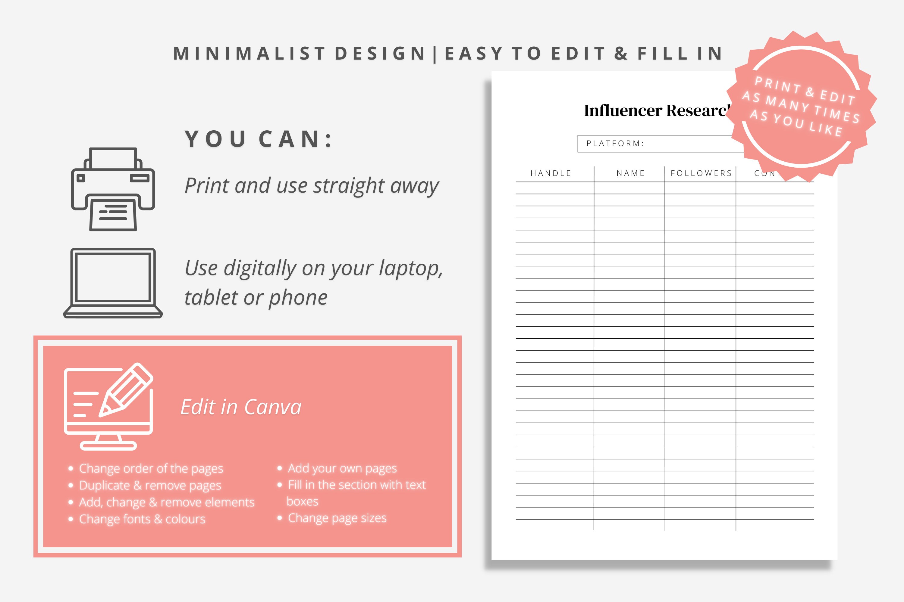 Influencer Research Table Template, Social Media Template, Printable ...