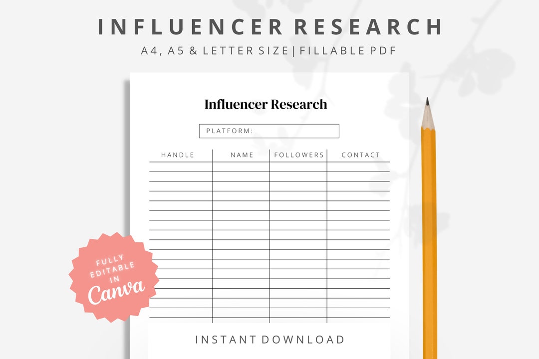 Influencer Research Table Template, Social Media Template, Printable ...