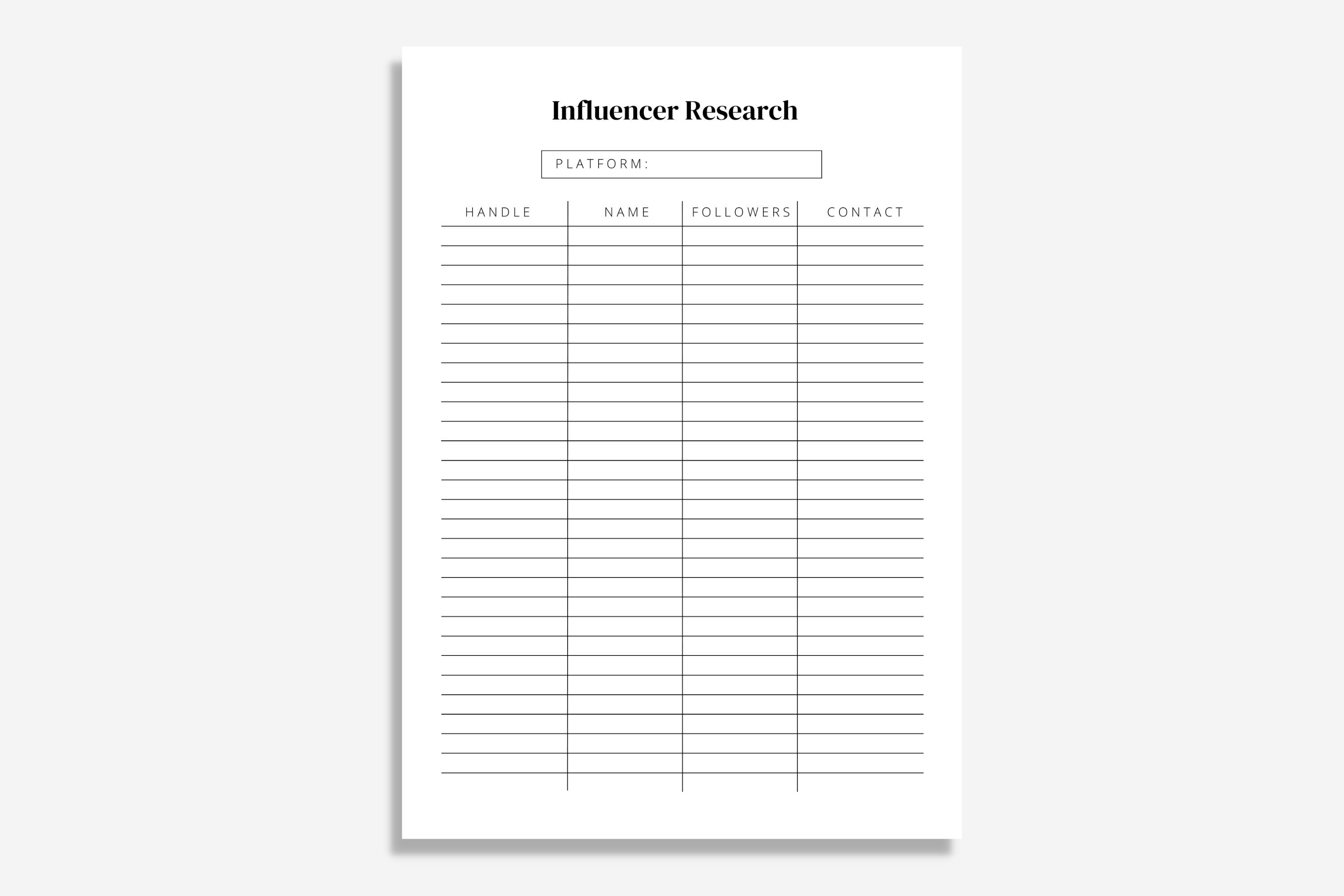 Influencer Research Table Template, Social Media Template, Printable ...