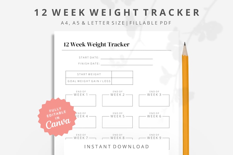 12 Week Weight Tracker Printable Planner Sheet Weightloss Chart Weight ...