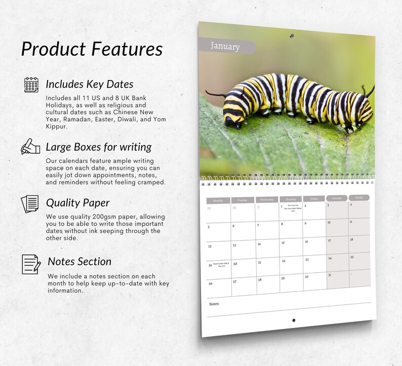 Caterpillar Calendar 2026: Monthly Wall Calendar With Notes, Opens to ...