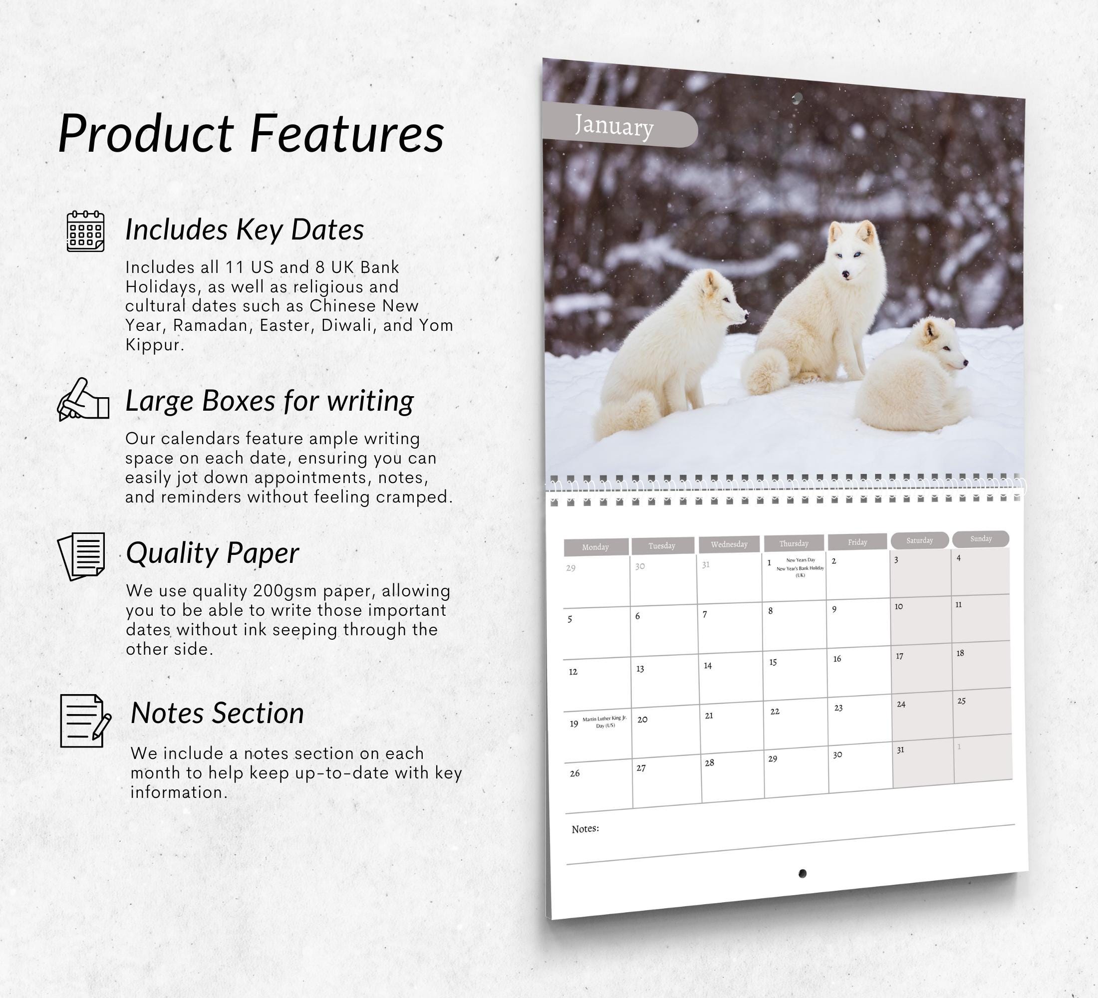 Artic Fox Calendar 2026: Monthly Wall Calendar With Notes, Opens to A3 ...