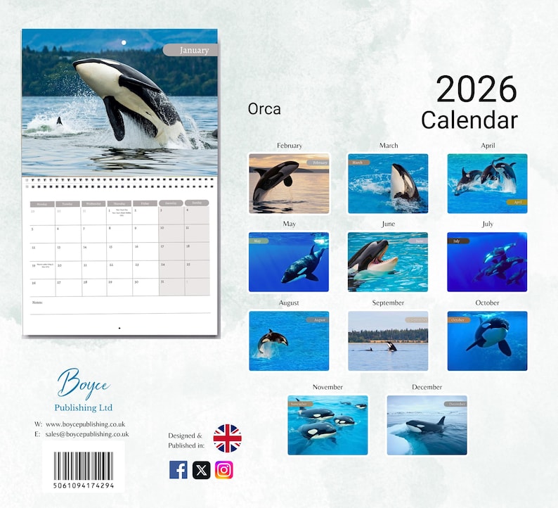 Orca Calendar 2026: Monthly Wall Calendar With Notes, Opens to A3 Size ...