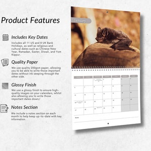 Bat Calendar 2025: Monthly Wall Calendar With Notes, Opens to A3 Size ...