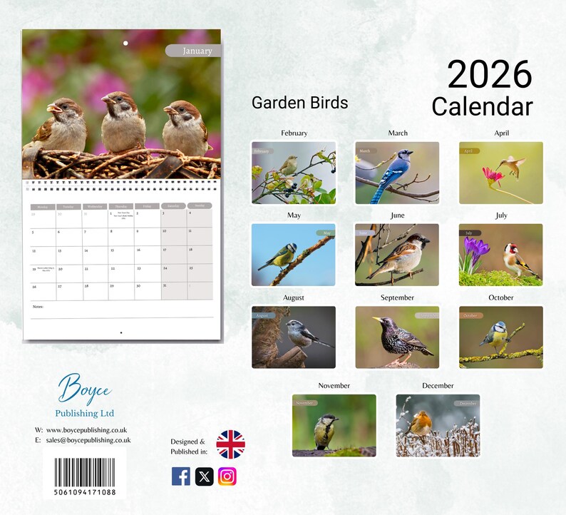 Garden Birds Calendar 2026: Monthly Wall Calendar With Notes, Opens to ...
