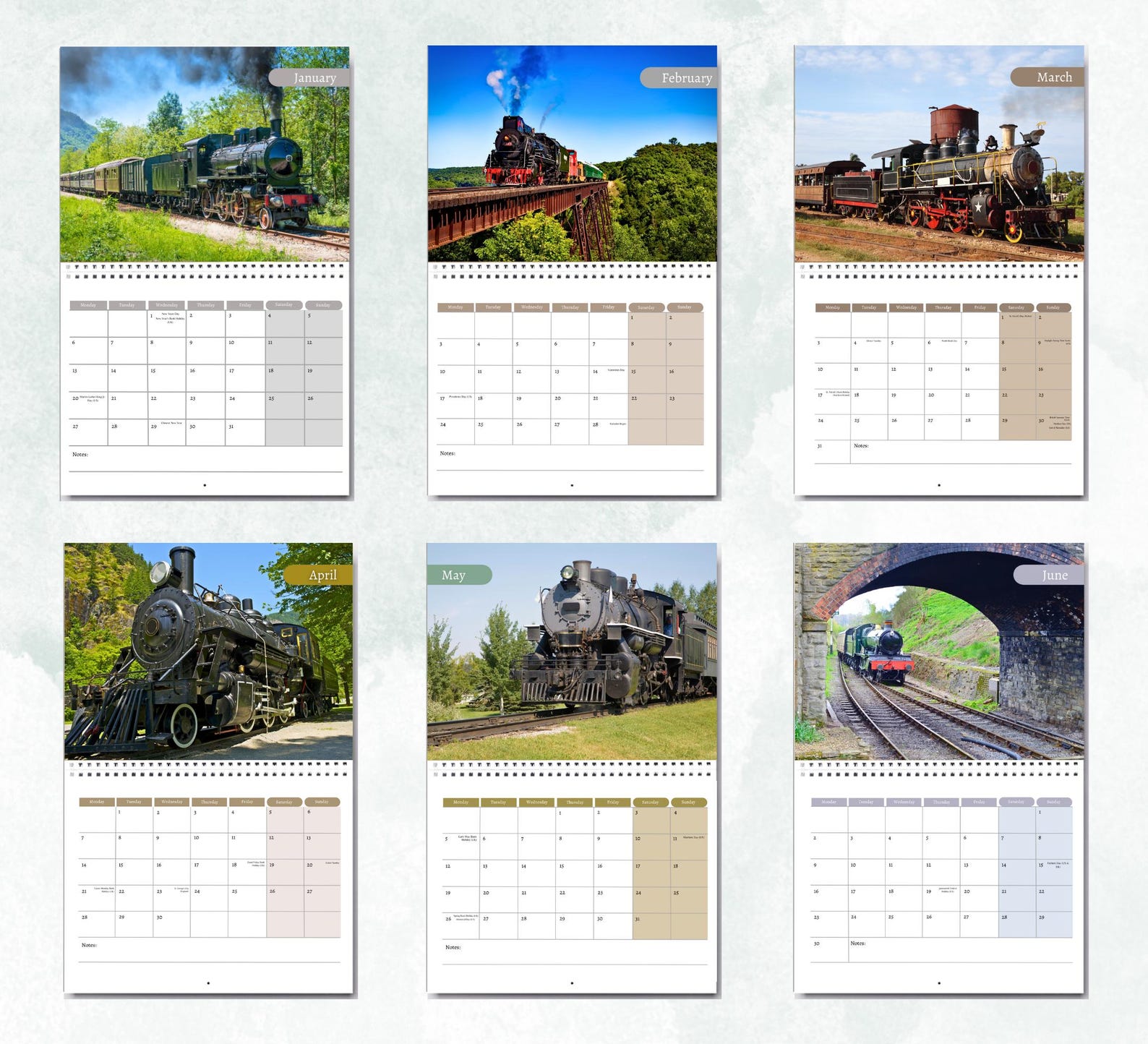 Steam Train Calendar 2026: Monthly Wall Calendar With Notes, Opens to ...