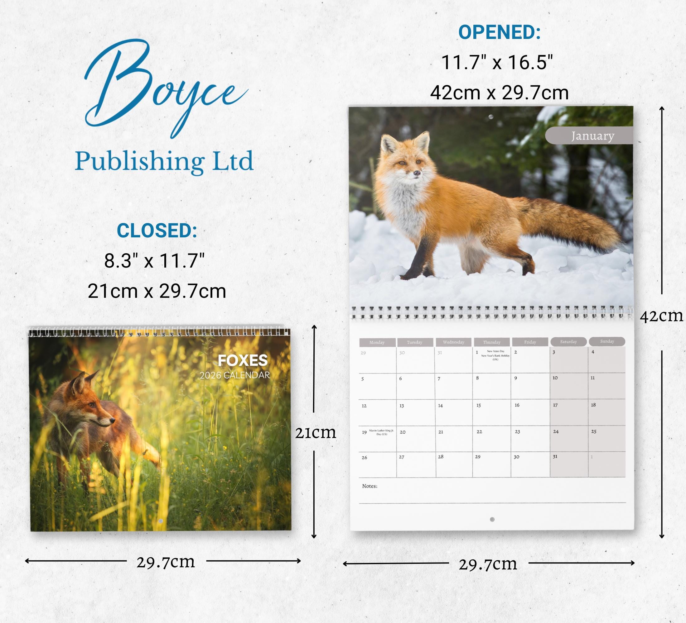 Foxes Calendar 2026: Monthly Wall Calendar With Notes, Opens to A3 Size ...