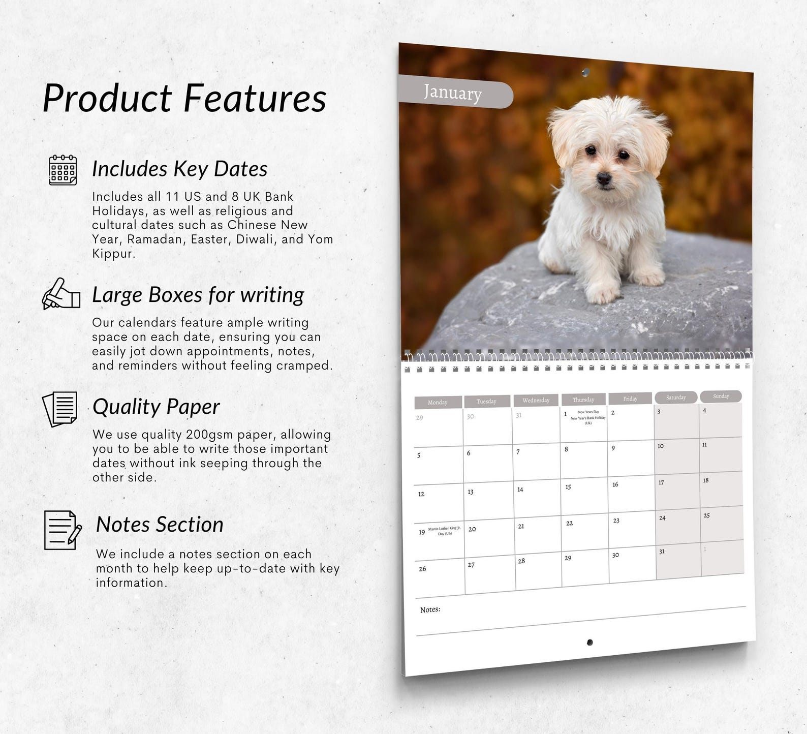 Maltese Dog Calendar 2026: Monthly Wall Calendar With Notes, Opens to ...