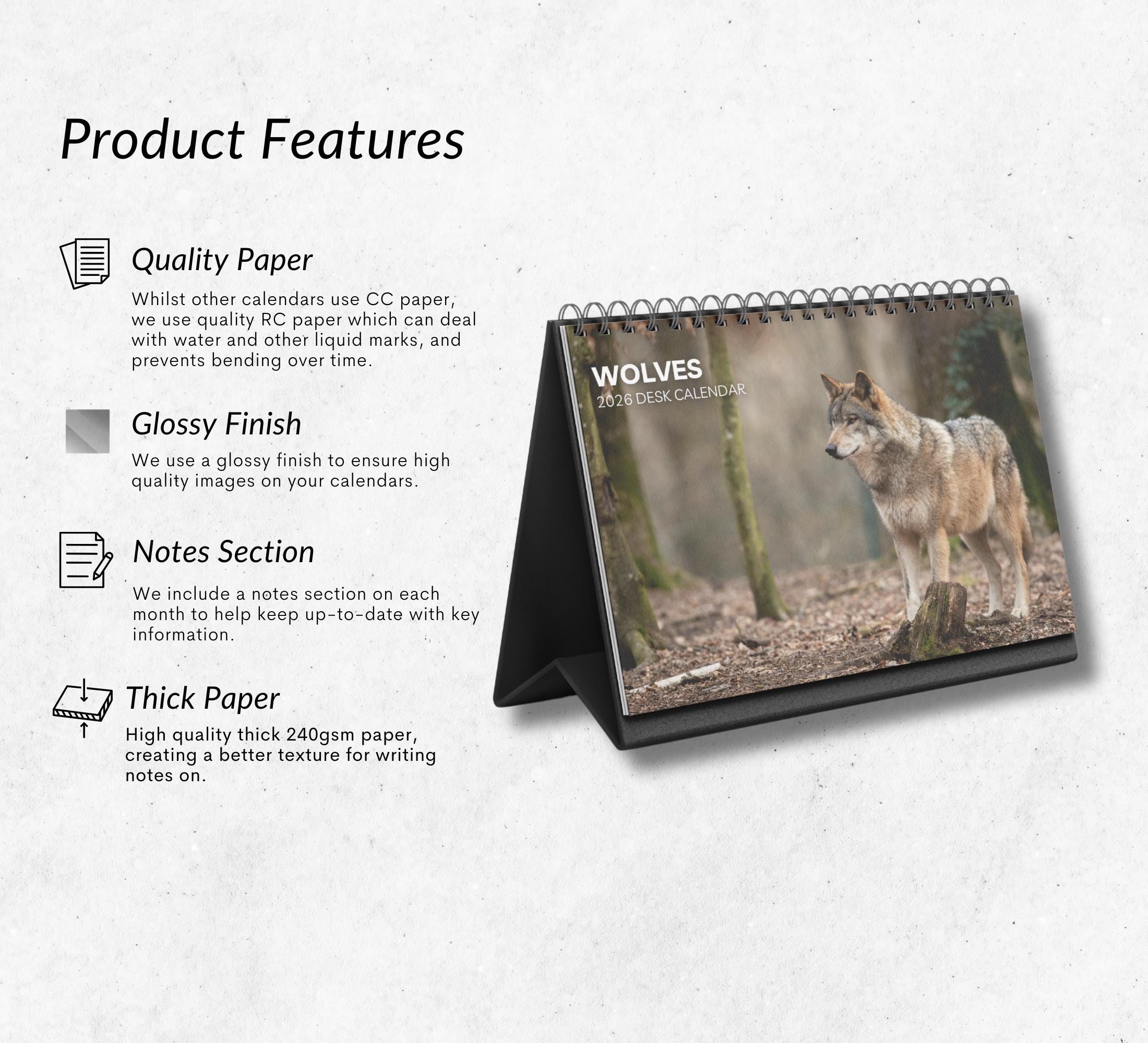 Wolf Desk Calendar 2026-2027: Standing Flip Desktop Calendar With Thick ...