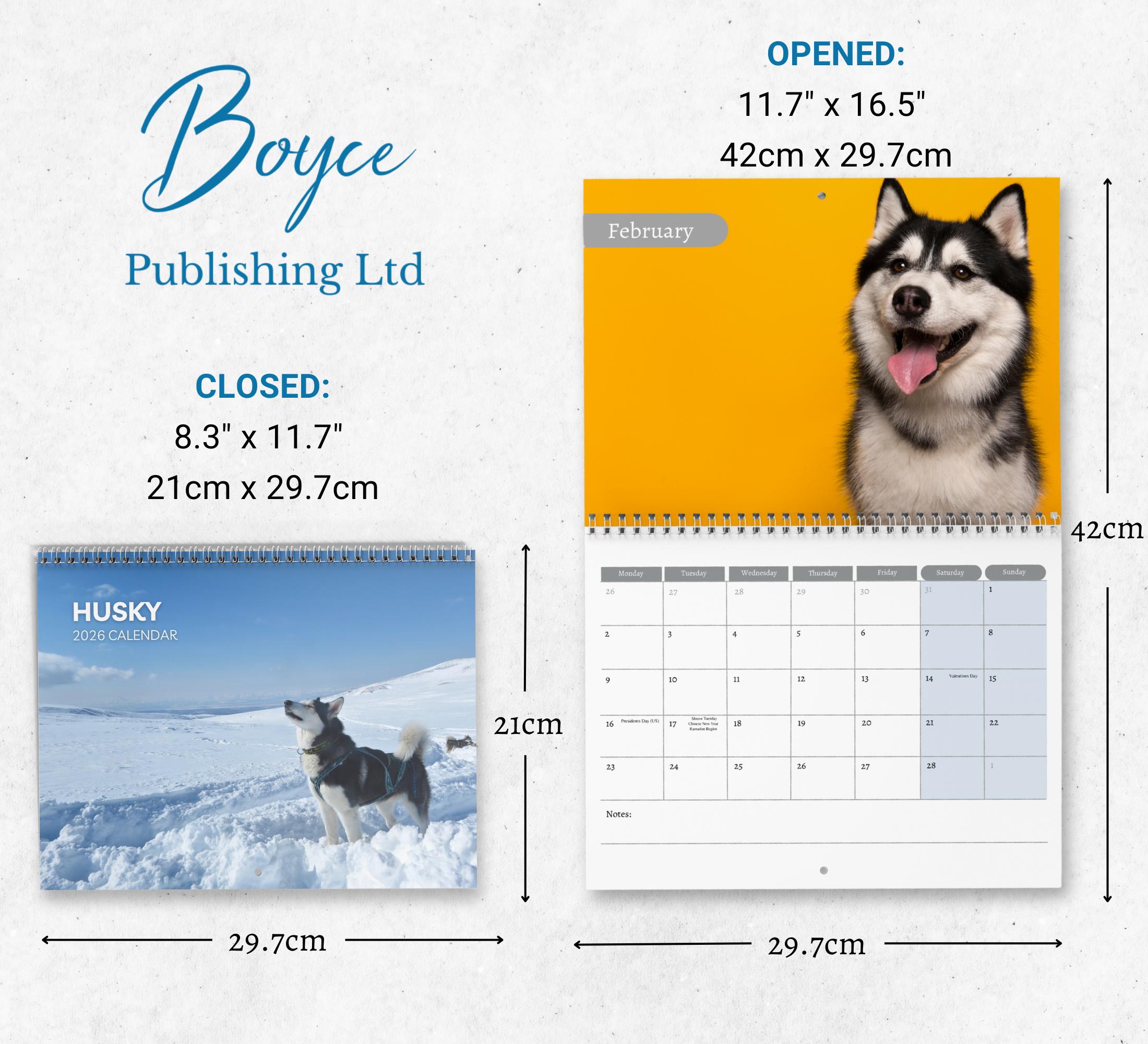 Husky Calendar 2026: Monthly Wall Calendar With Notes, Opens to A3 Size ...