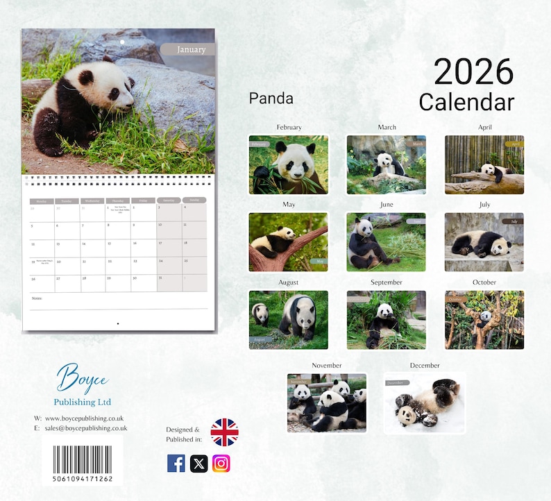 Panda Calendar 2026: Monthly Wall Calendar With Notes, Opens to A3 Size ...