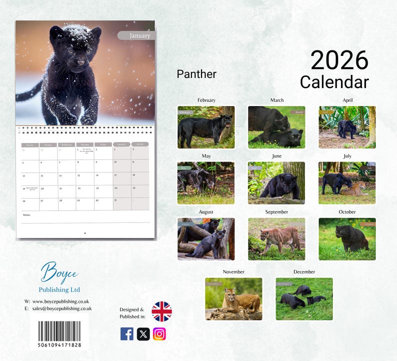 Panther Calendar 2026: Monthly Wall Calendar With Notes, Opens to A3 ...