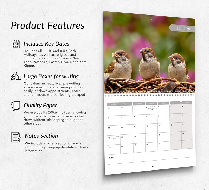 Garden Birds Calendar 2026: Monthly Wall Calendar With Notes, Opens to ...