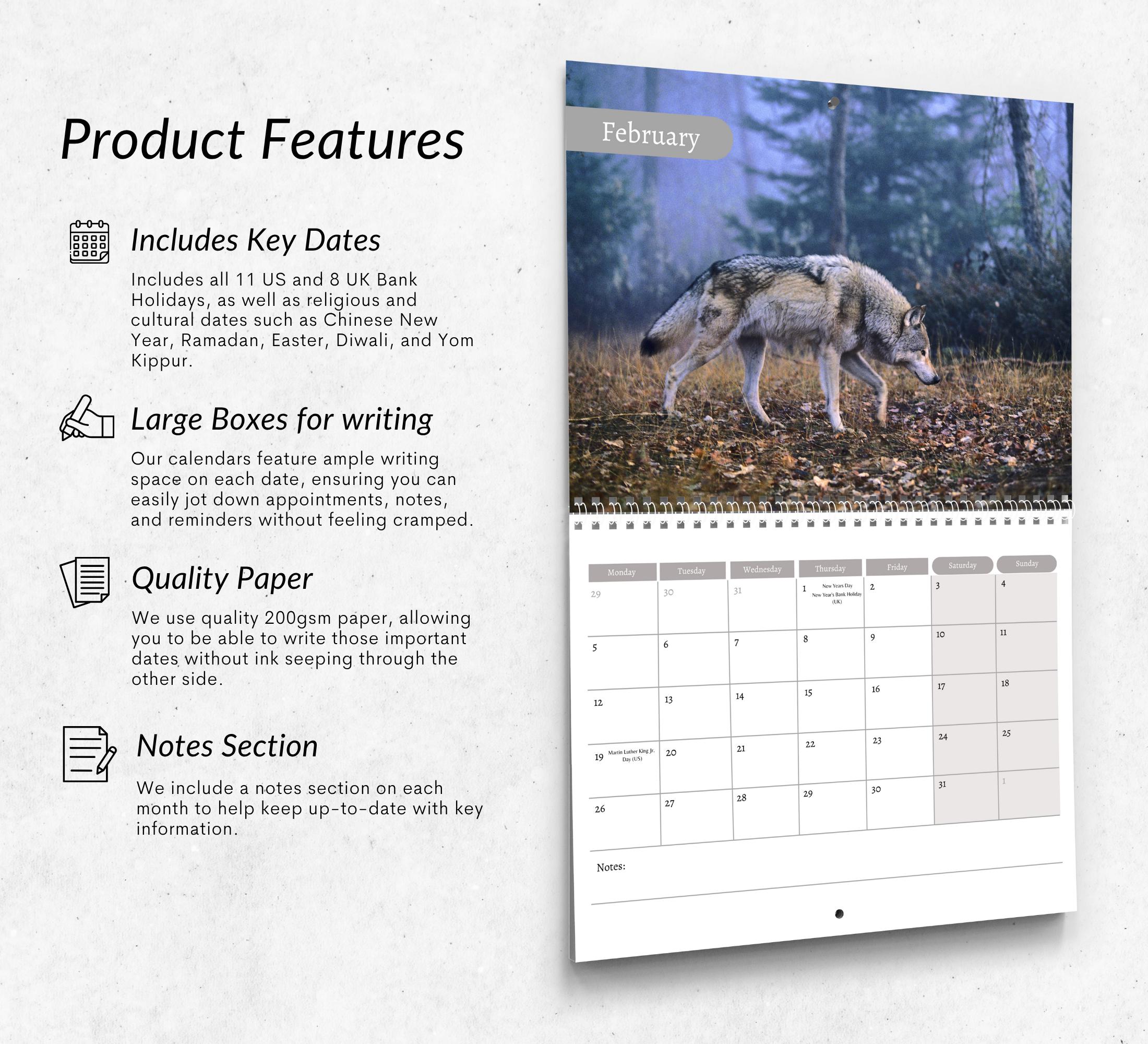Wolf Calendar 2026: Monthly Wall Calendar With Notes, Opens to A3 Size ...
