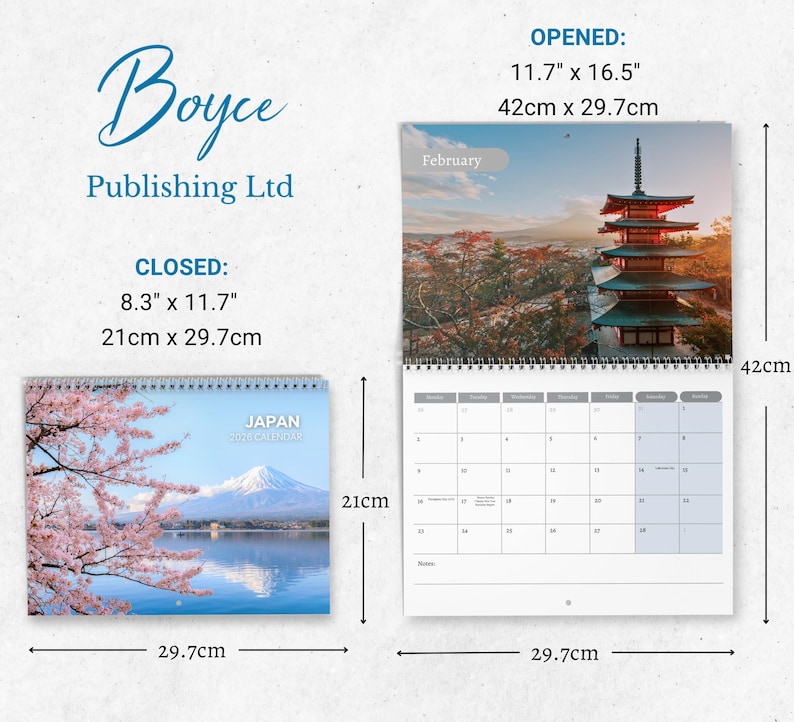Japan Calendar 2026: Monthly Wall Calendar With Notes, Opens to A3 Size ...