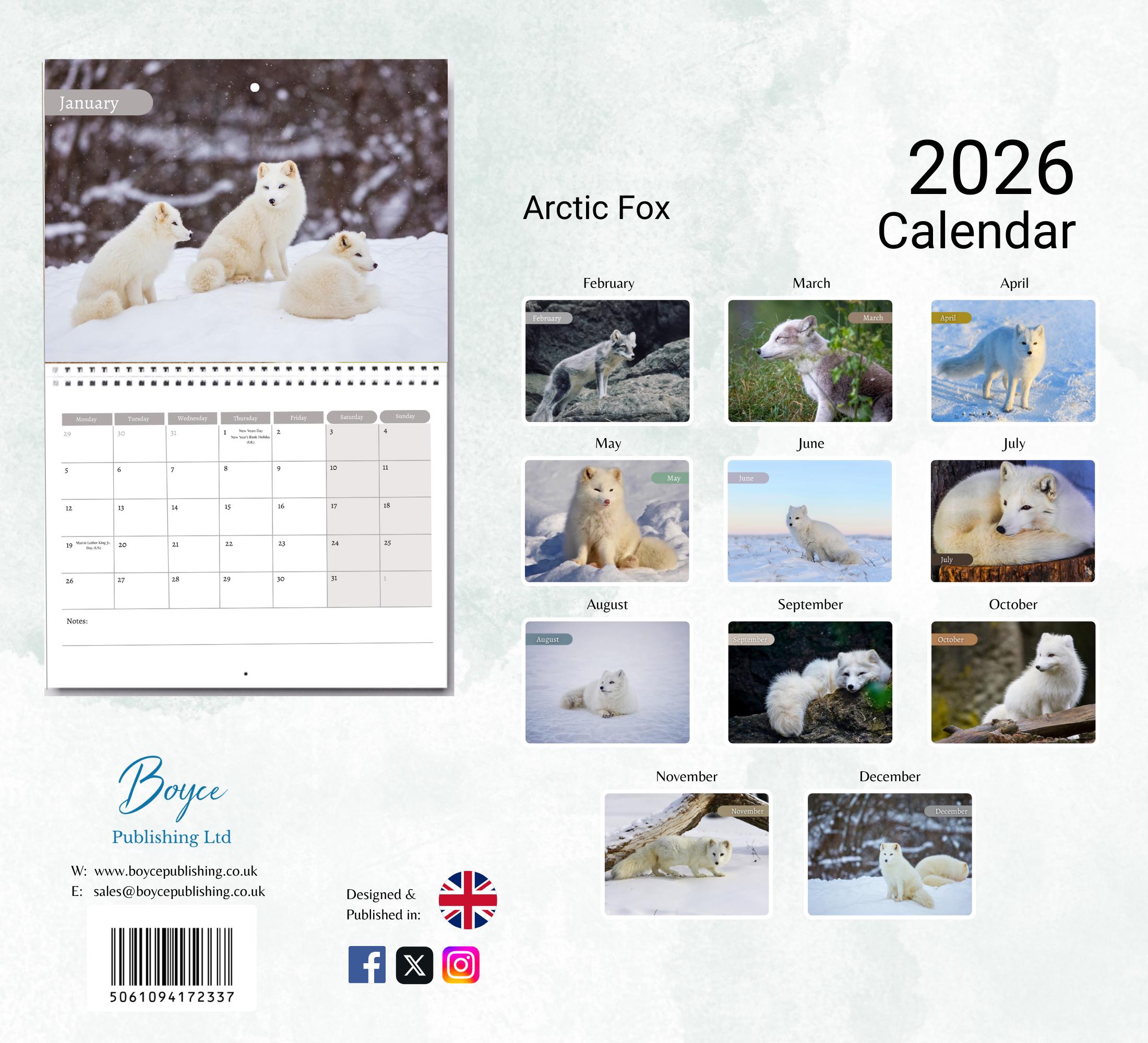 Artic Fox Calendar 2026: Monthly Wall Calendar With Notes, Opens to A3 ...