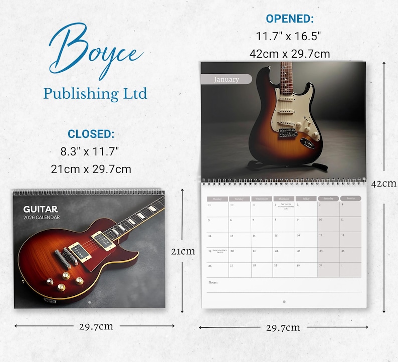 Guitar Calendar 2026: Monthly Wall Calendar With Notes, Opens to A3 ...