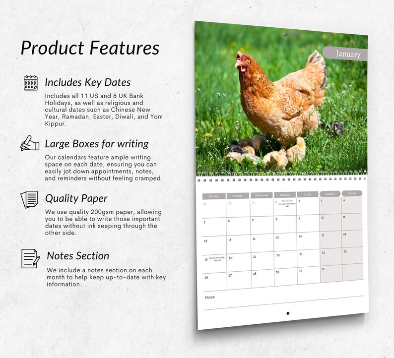 Chicken Calendar 2026: Monthly Wall Calendar With Notes, Opens to A3 ...