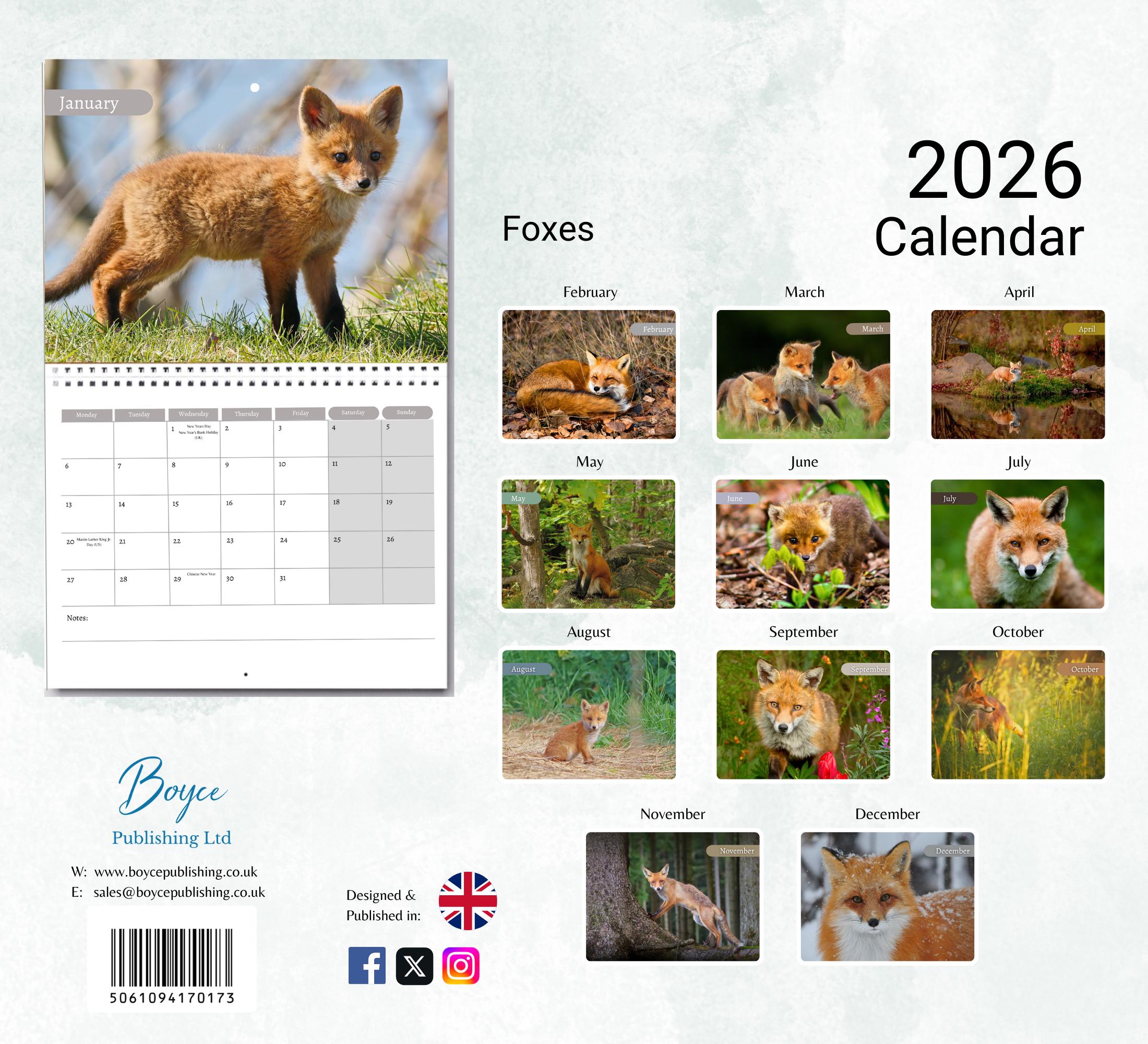 Foxes Calendar 2026: Monthly Wall Calendar With Notes, Opens to A3 Size ...