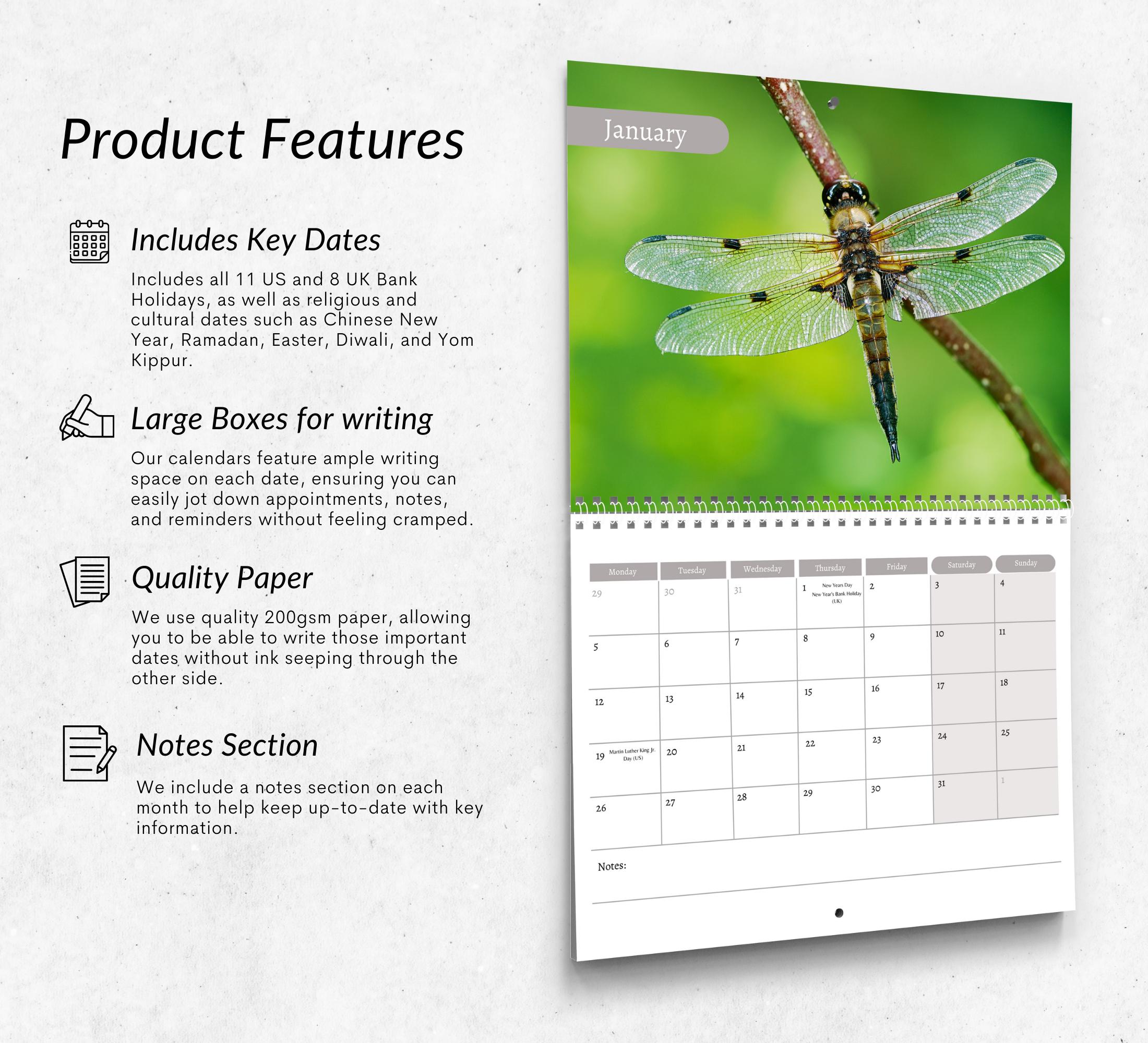 Dragonfly Calendar 2026: Monthly Wall Calendar With Notes, Opens to A3 ...
