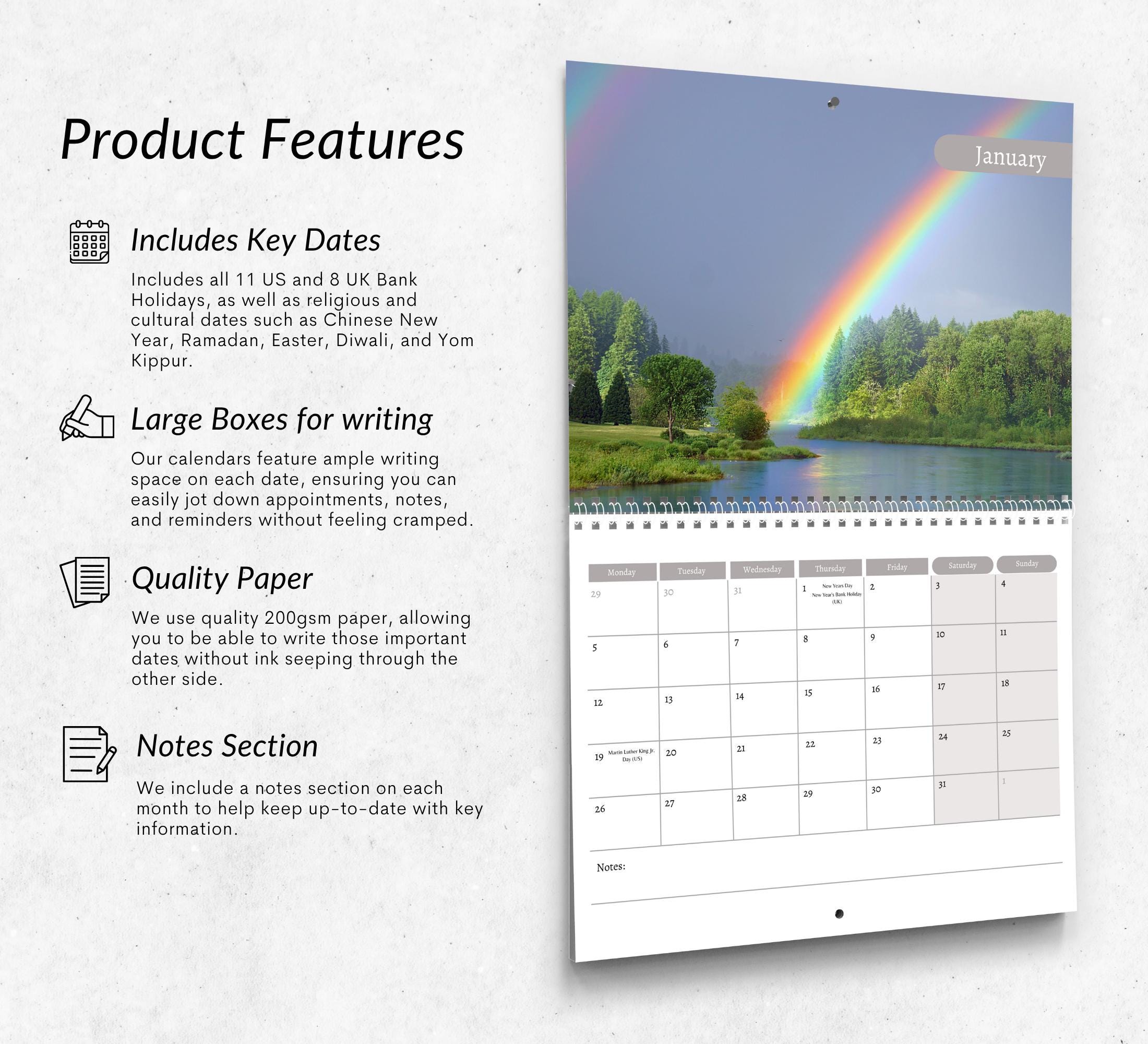 Rainbows Calendar 2026: Monthly Wall Calendar With Notes, Opens to A3 ...