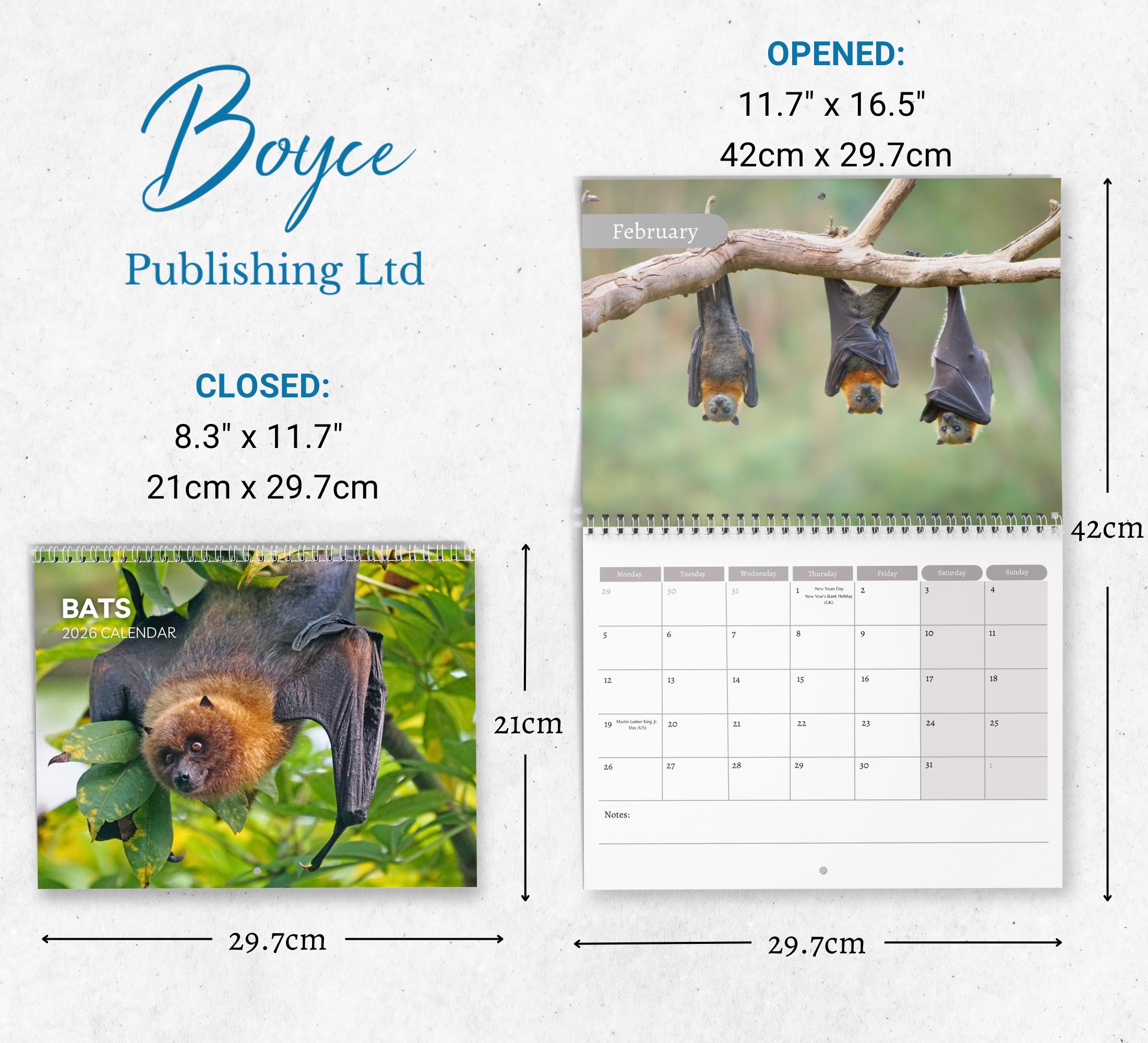 Bat Calendar 2026: Monthly Wall Calendar With Notes, Opens to A3 Size ...