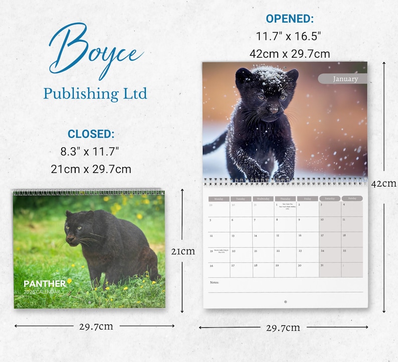 Panther Calendar 2026: Monthly Wall Calendar With Notes, Opens to A3 ...