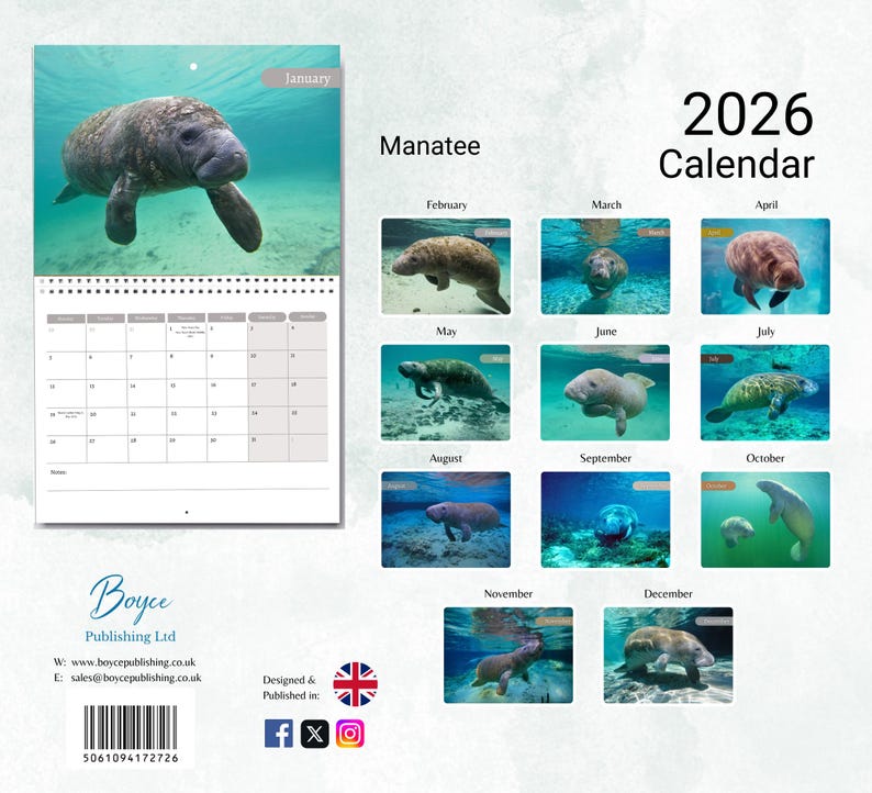 Manatee Calendar 2026: Monthly Wall Calendar With Notes, Opens to A3 ...