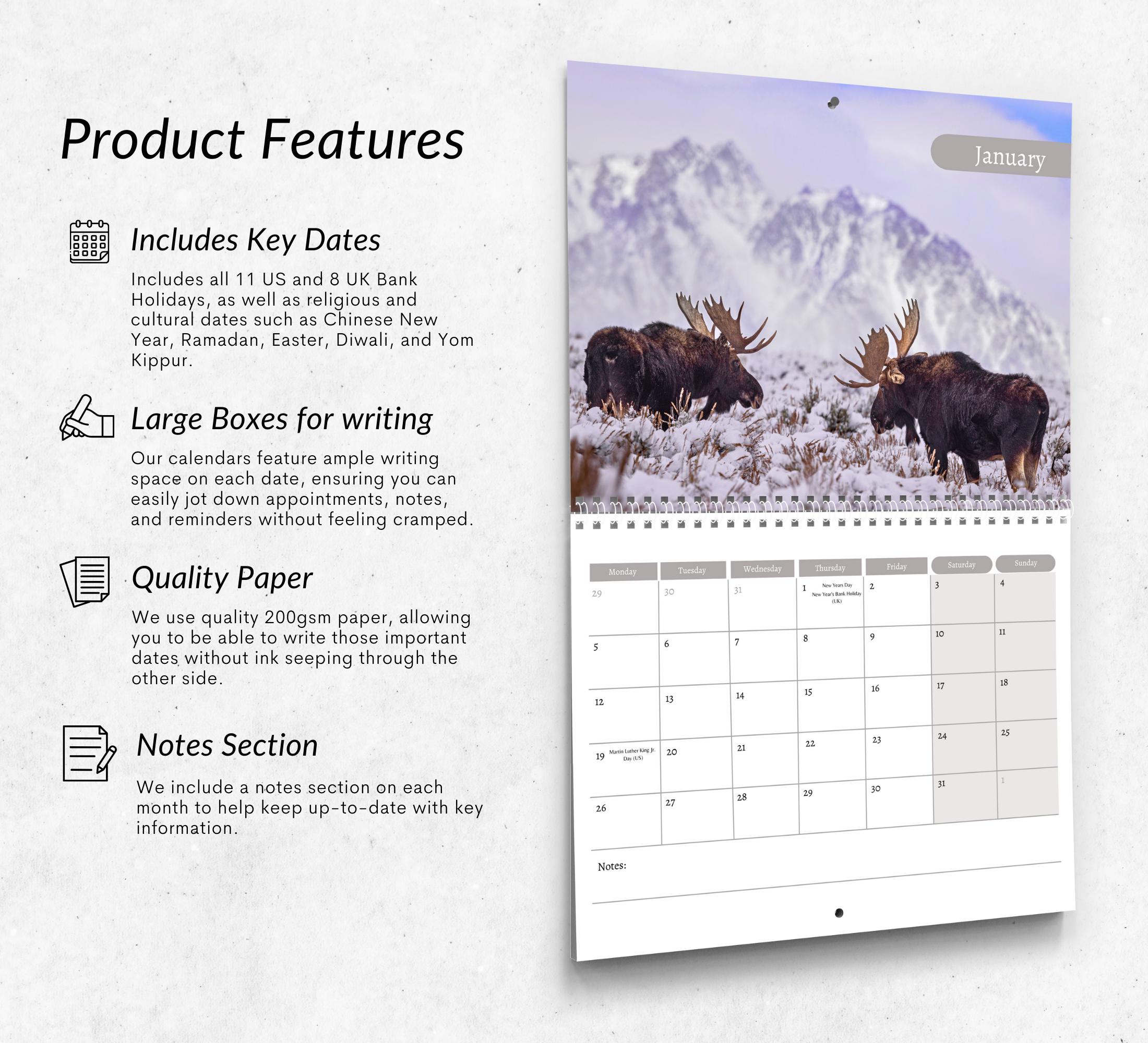 Moose Calendar 2026: Monthly Wall Calendar With Notes, Opens to A3 Size ...