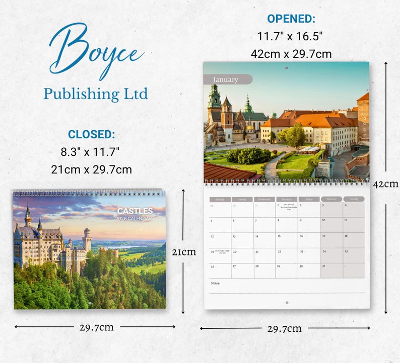 Castles Calendar 2026: Monthly Wall Calendar With Notes, Opens to A3 ...