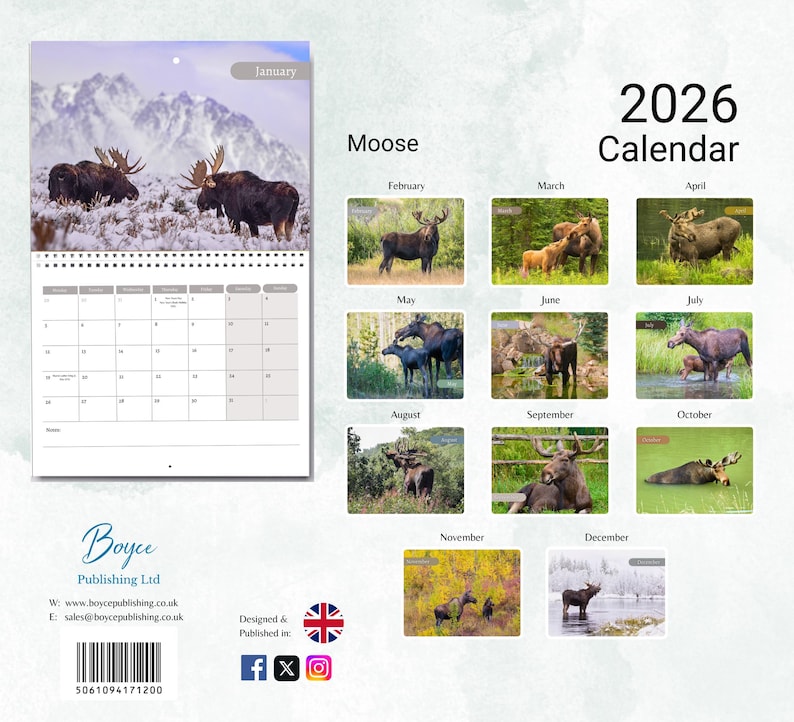 Moose Calendar 2026: Monthly Wall Calendar With Notes, Opens to A3 Size ...
