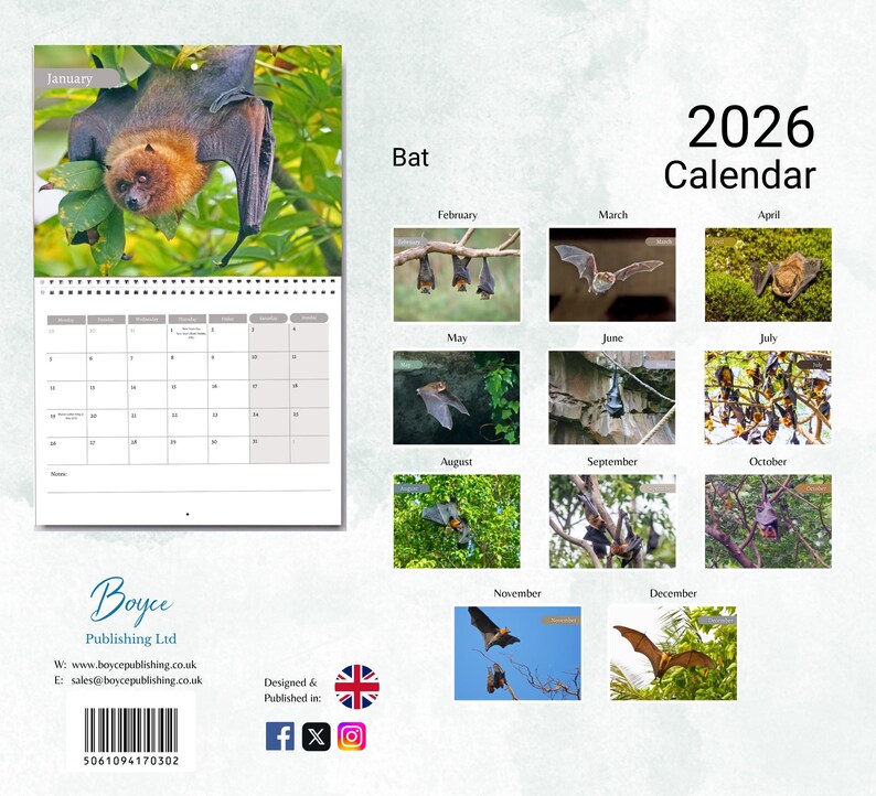 Bat Calendar 2026: Monthly Wall Calendar With Notes, Opens to A3 Size ...