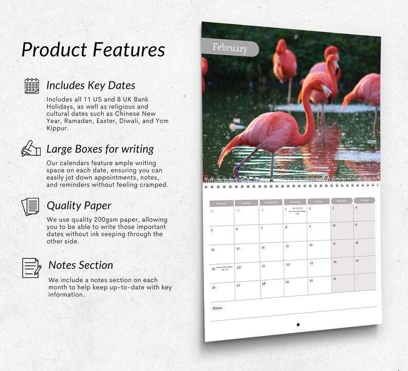 Flamingo Calendar 2026: Monthly Wall Calendar With Notes, Opens to A3 ...