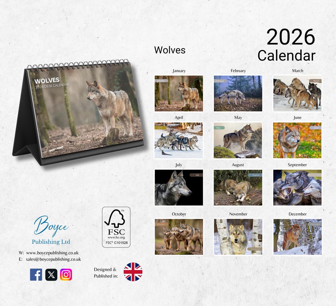 Wolf Desk Calendar 2026-2027: Standing Flip Desktop Calendar With Thick ...