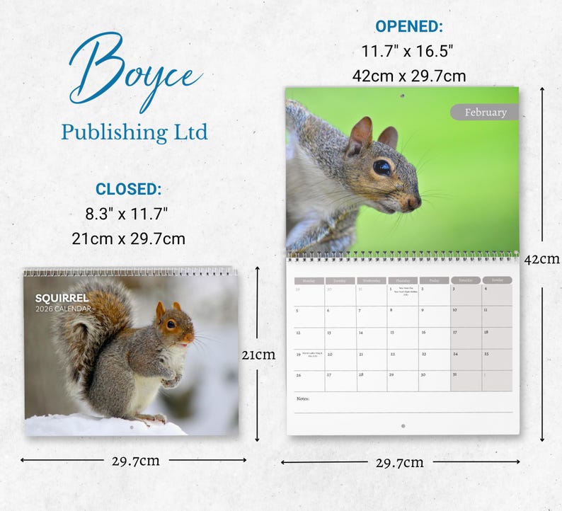 Squirrel Calendar 2026: Monthly Wall Calendar With Notes, Opens to A3 ...