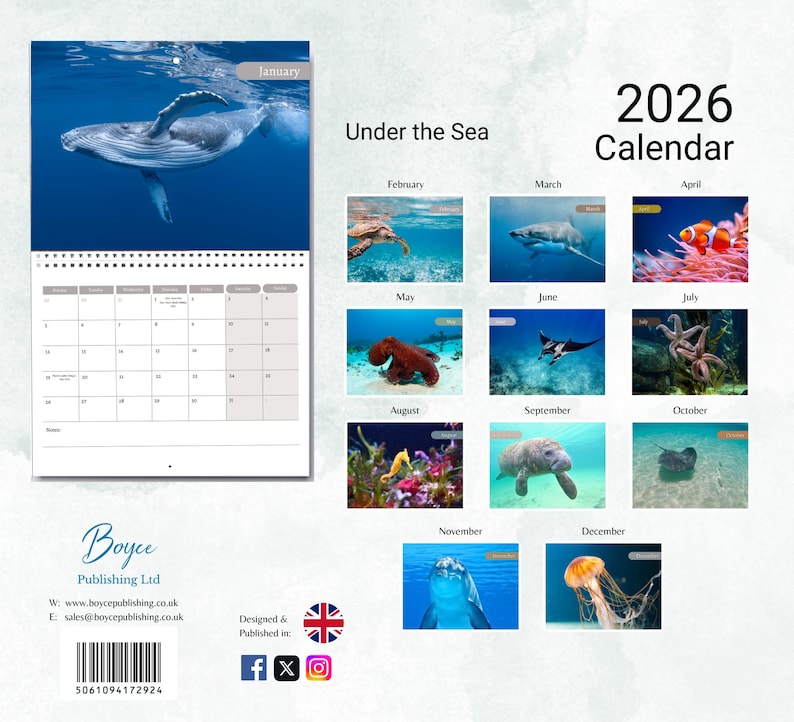 Under the Sea Calendar 2026: Monthly Wall Calendar With Notes, Opens to ...