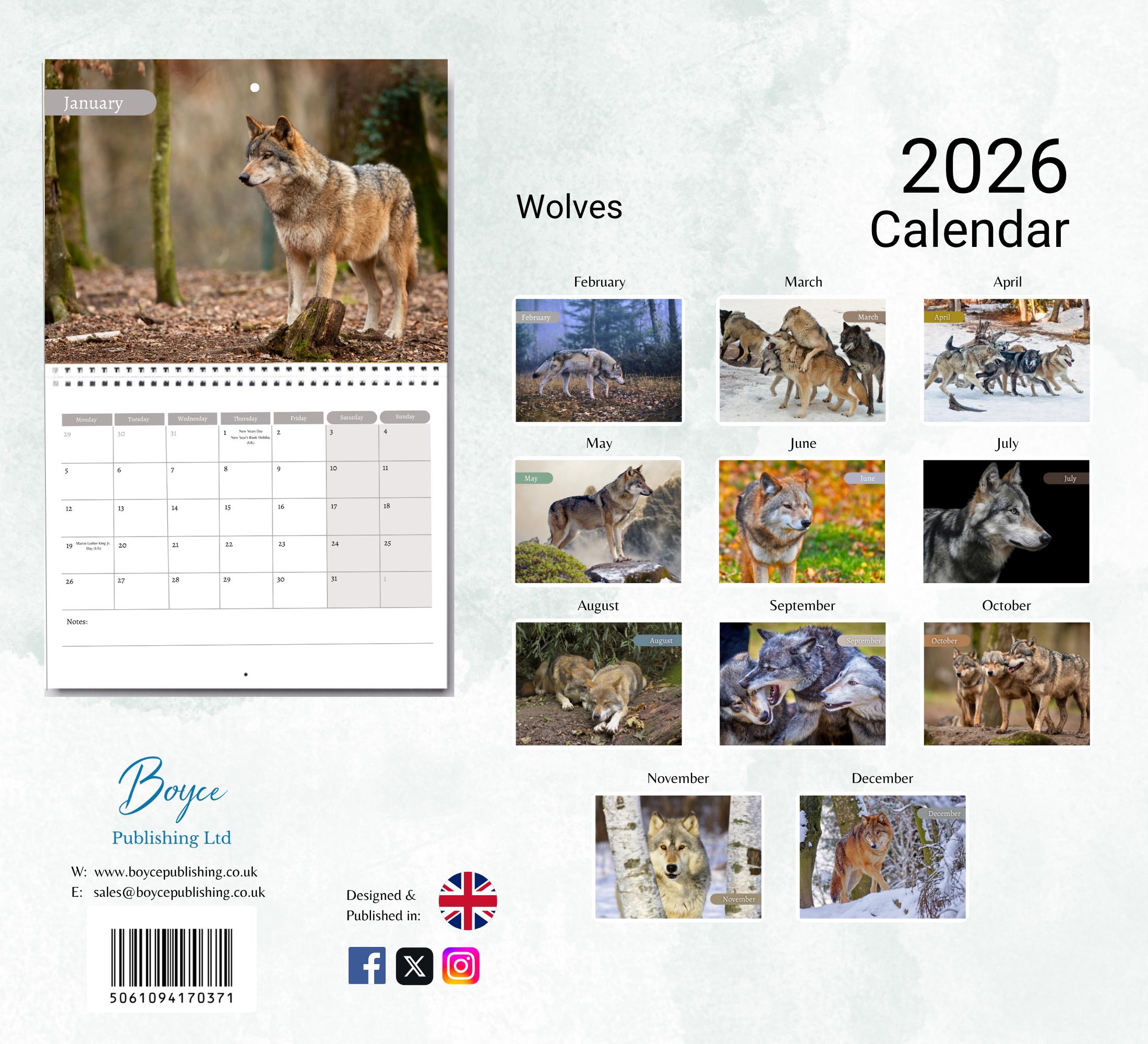 Wolf Calendar 2026: Monthly Wall Calendar With Notes, Opens to A3 Size ...