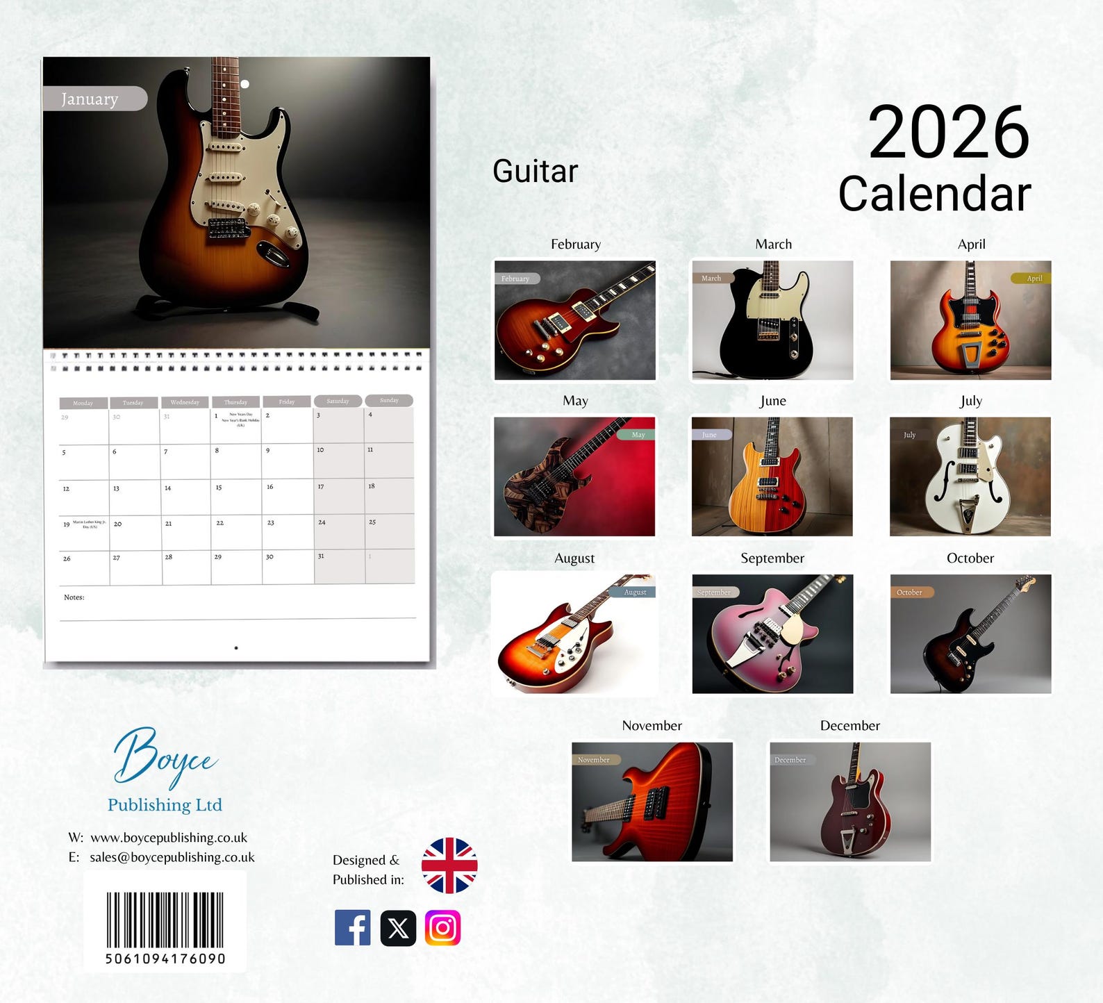 Guitar Calendar 2026: Monthly Wall Calendar With Notes, Opens to A3 ...