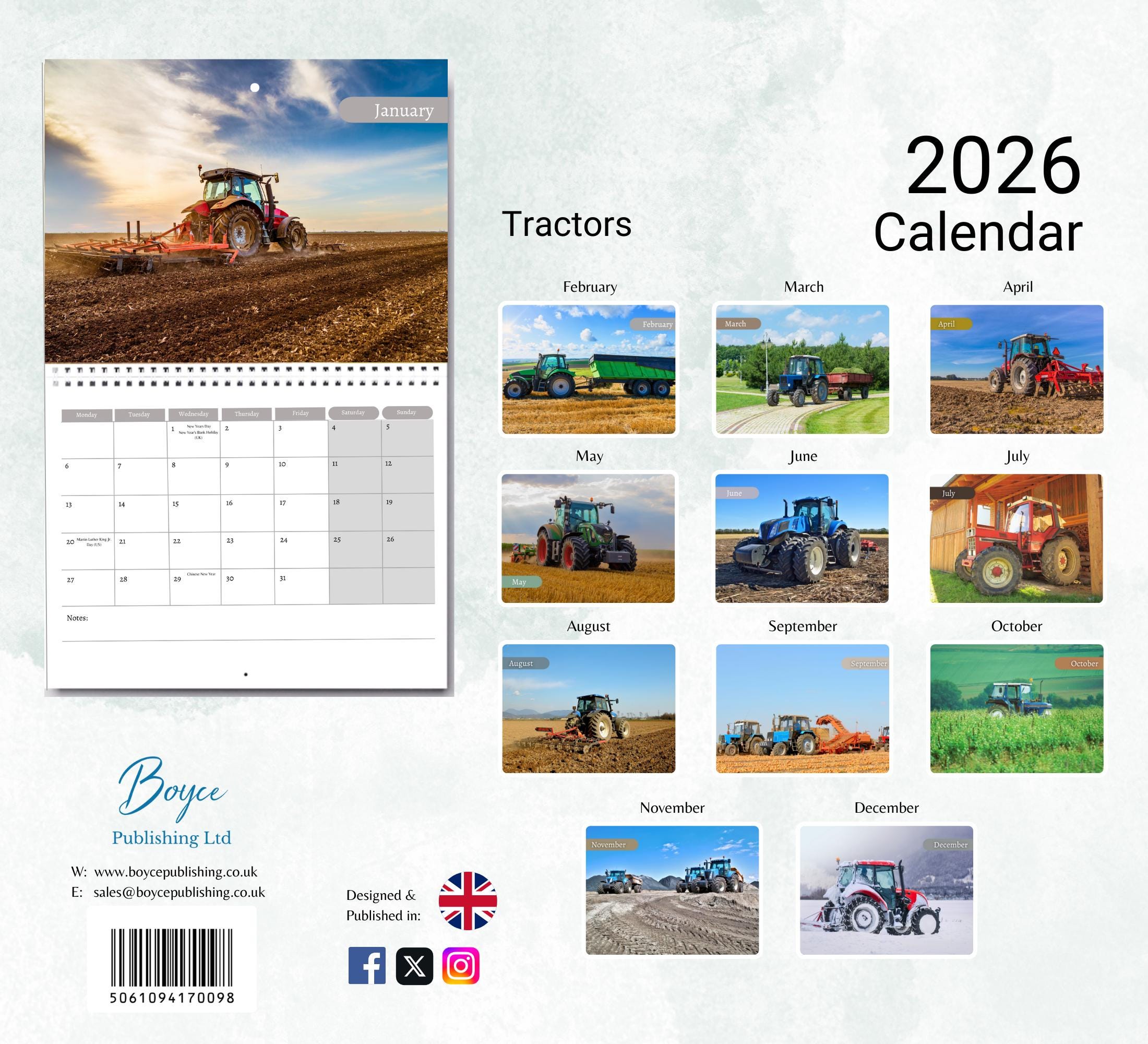 Tractors Calendar 2026: Monthly Wall Calendar With Notes, Opens to A3 ...