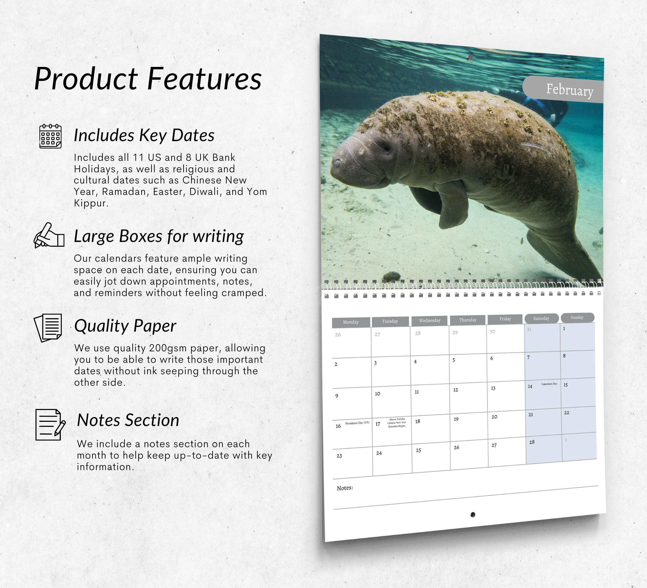 Manatee Calendar 2026: Monthly Wall Calendar With Notes, Opens to A3 ...