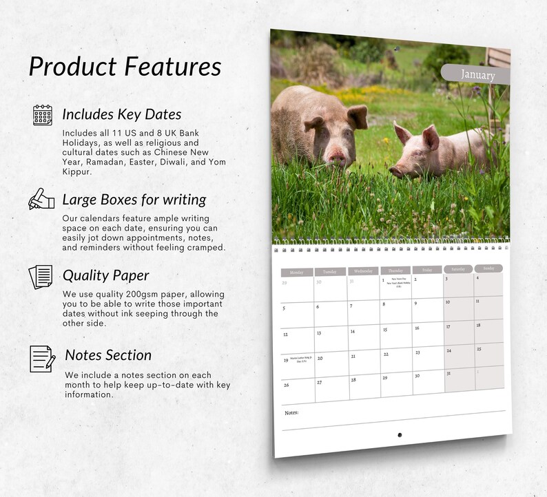 Pigs Calendar 2026: Monthly Wall Calendar With Notes, Opens to A3 Size ...