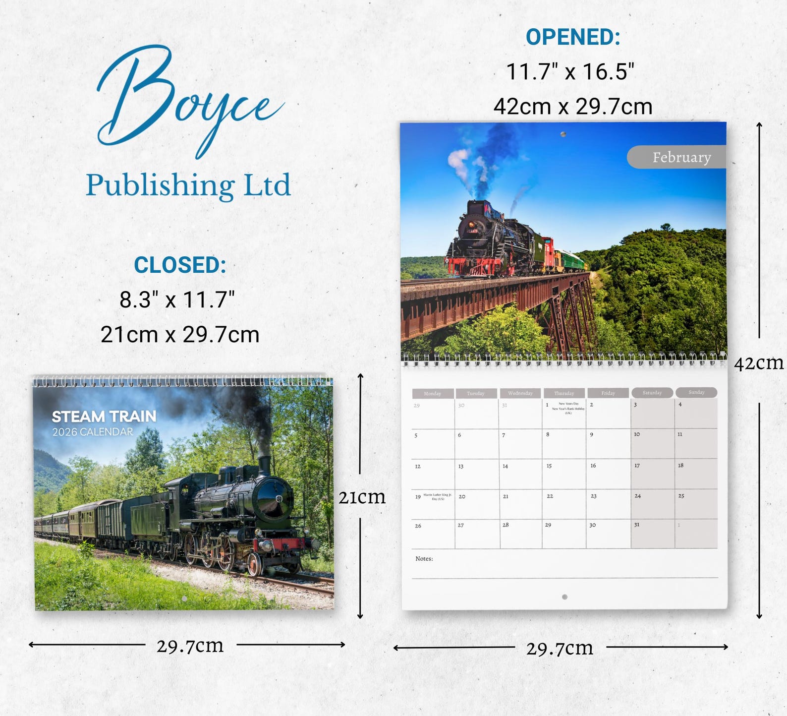 Steam Train Calendar 2026: Monthly Wall Calendar With Notes, Opens to ...